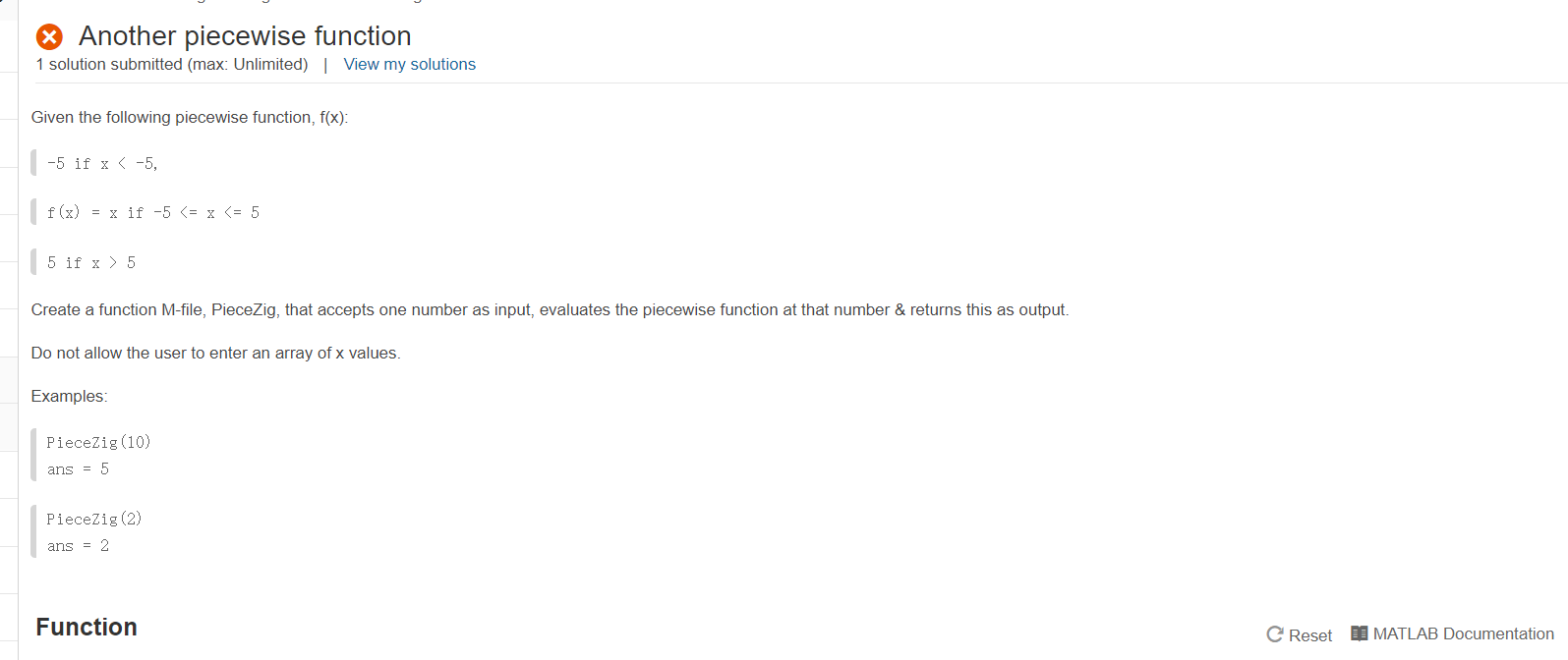 Solved Function C Reset Dmatlab Documentation Function Fx Piecezig X Min 009 X 5 Fx 5 Elseif