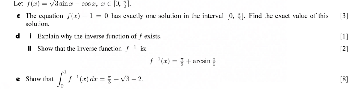 Solved Let f(x)=3sinx−cosx,x∈[0,2π]. c The equation f(x)−1=0 | Chegg.com