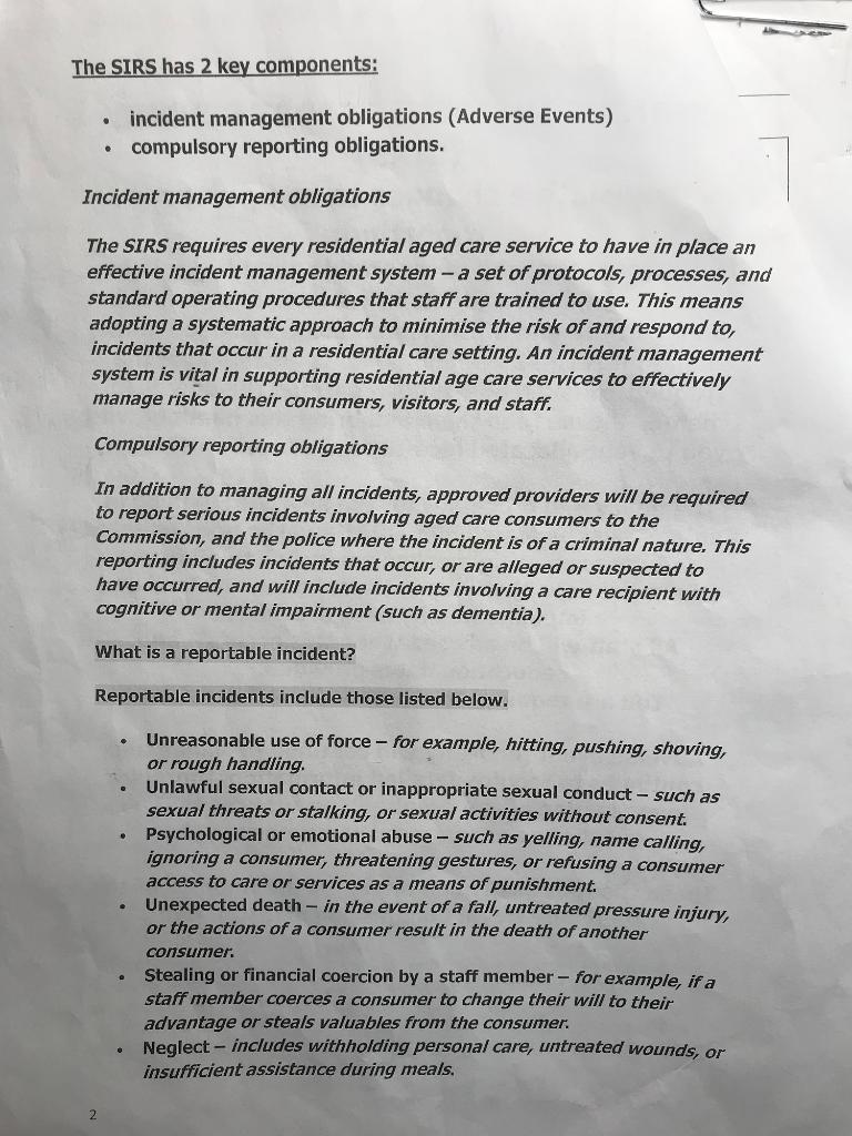 SERIOUS INCIDENT REPORT SCHEME (SIRS) Legislative | Chegg.com