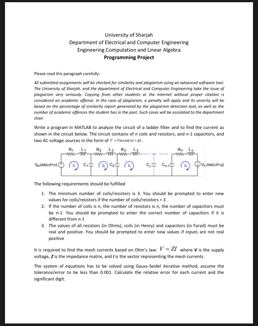 Solved University of Sharjah Department of Electrical and | Chegg.com