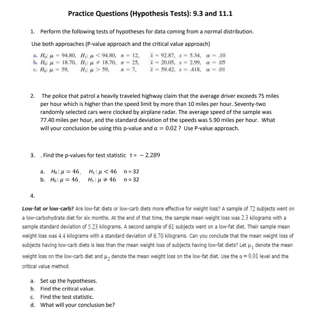 Solved Practice Questions (Hypothesis Tests): 9.3 and 11.1 | Chegg.com