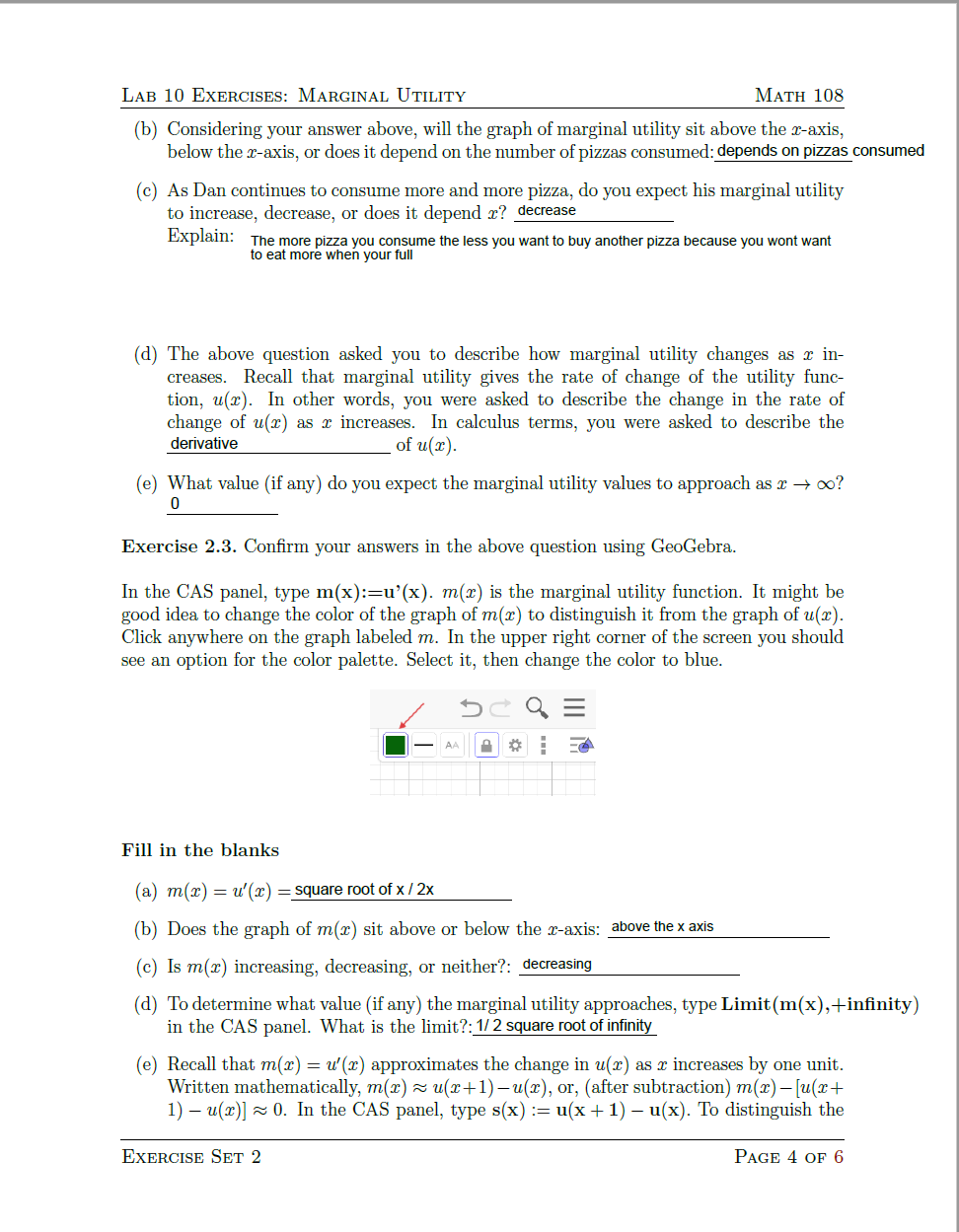 Lab 10 Exercises Marginal Utility Math 108 O