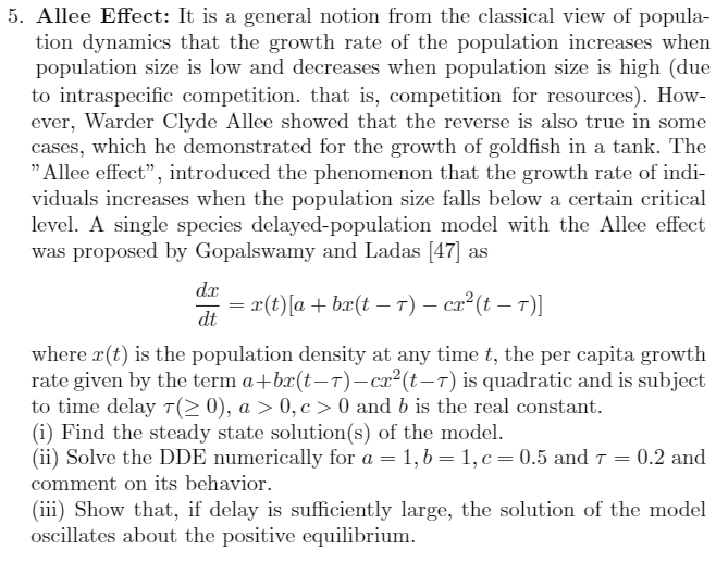 Solved 5. Allee Effect: It is a general notion from the | Chegg.com