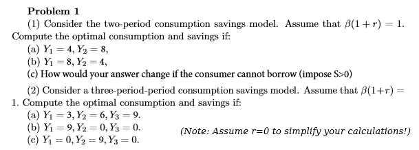 Solved Problem 1 (1) Consider the two-period consumption | Chegg.com