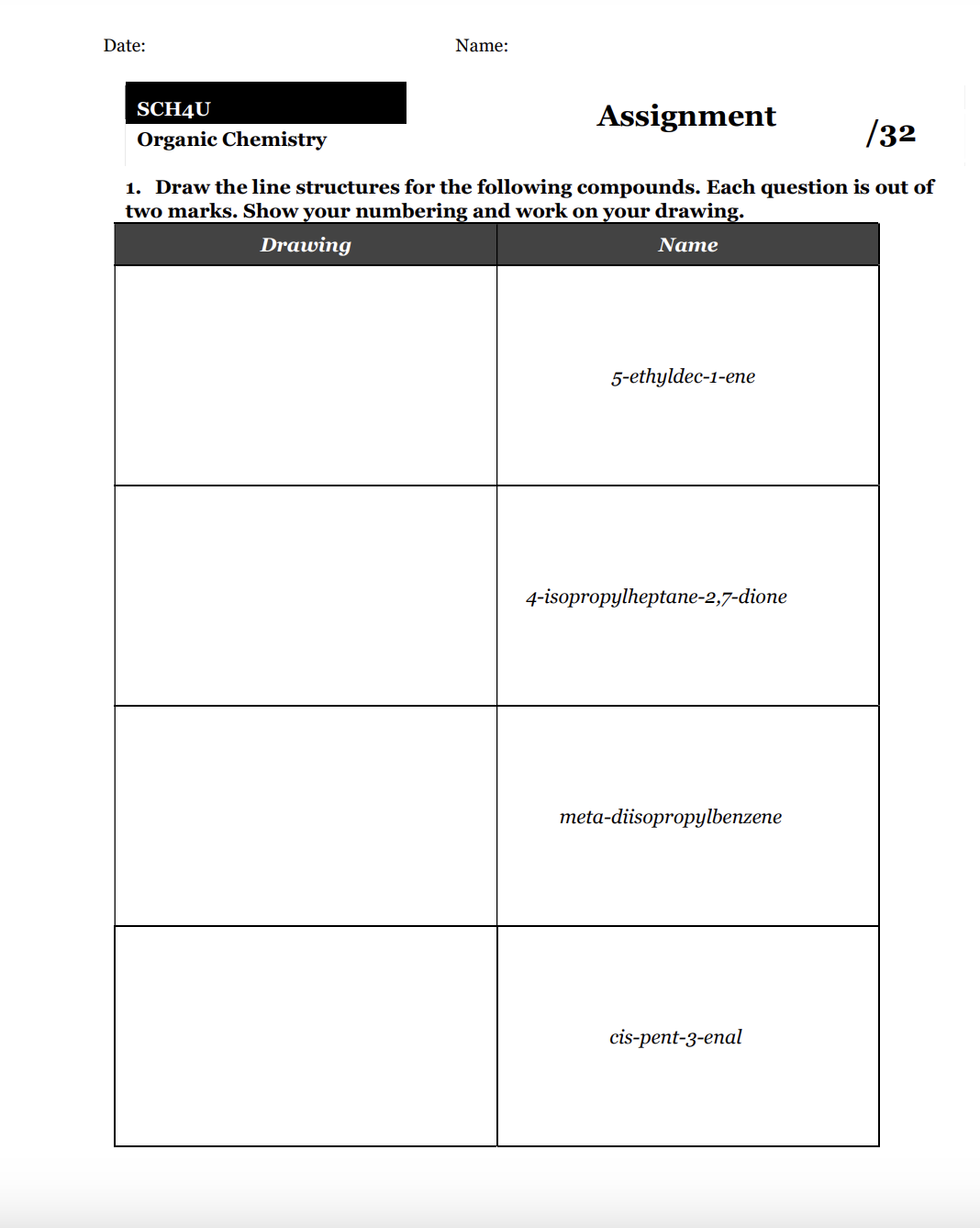 Solved Date: Name: SCH4U Assignment Organic Chemistry /32 1. | Chegg.com