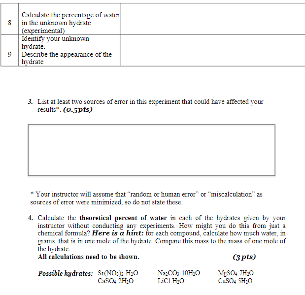 Solved Data for Experiment 8: Identification of Hydrates | Chegg.com
