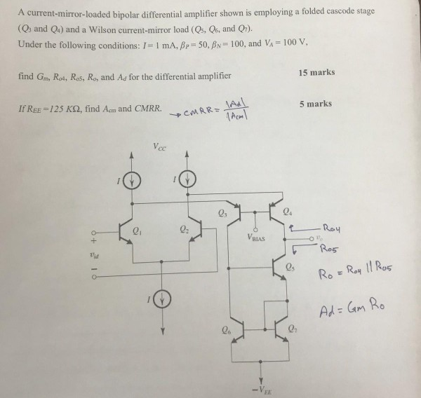 Solved A current-mirror-loaded bipolar differential | Chegg.com