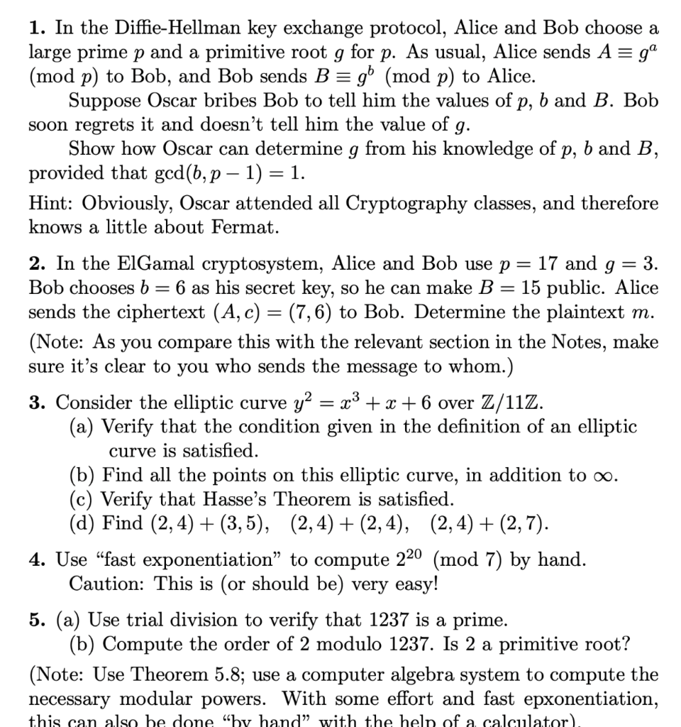 Solved 1. In the Diffie-Hellman key exchange protocol, Alice | Chegg.com