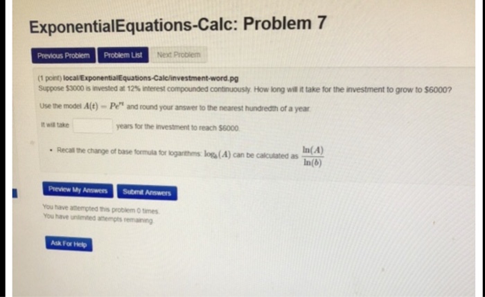 Solved ExponentialEquations-Calc: Problem 7 Previous Problem | Chegg.com Solved ExponentialEquations-Calc: Problem 7 Previous Problem | Chegg.com