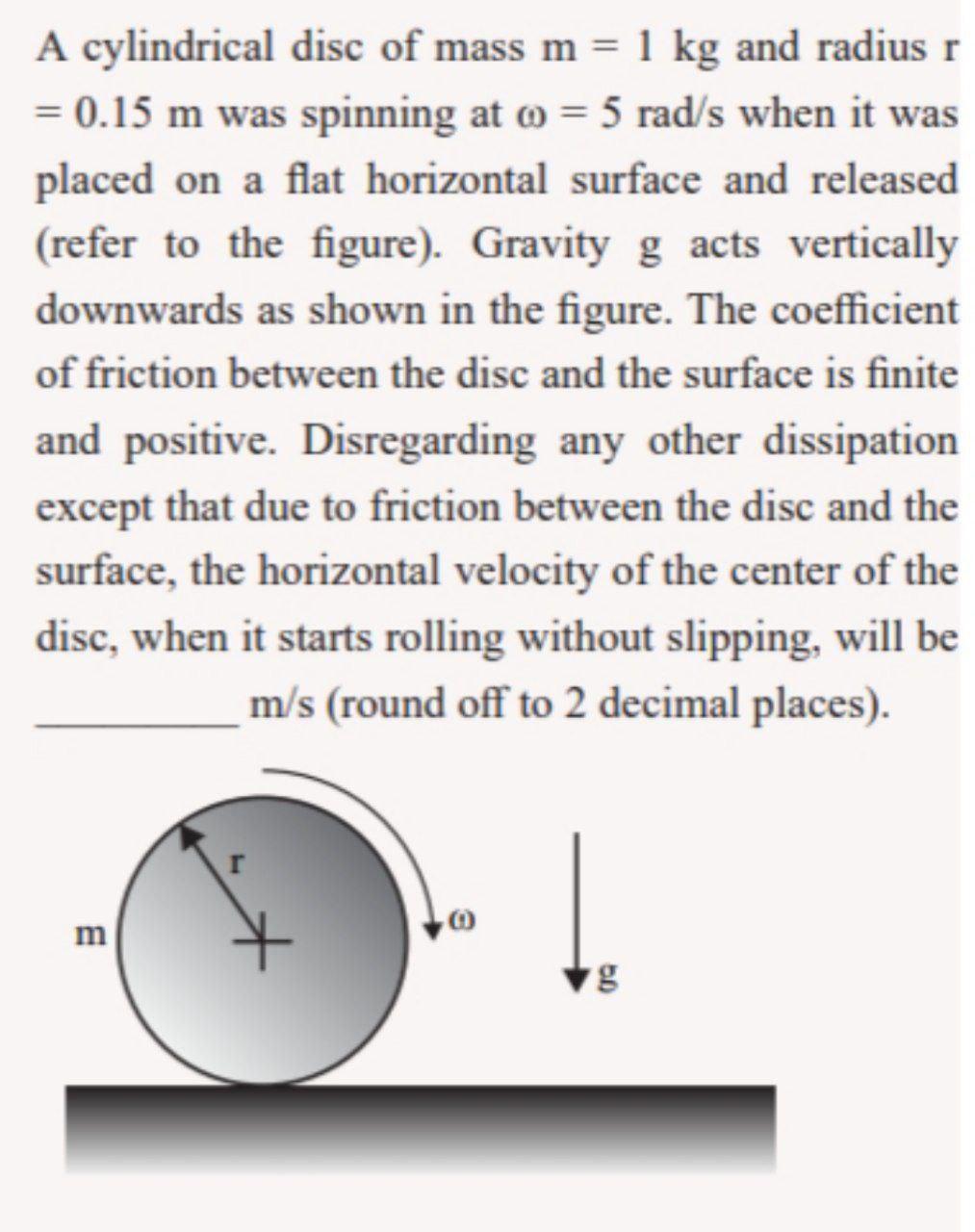 Solved A cylindrical disc of mass m = 1 kg and radius r = | Chegg.com