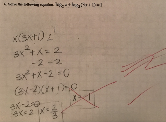 Solved 6. Solve the following equation. log2 x+log (3x +1) 1 | Chegg.com