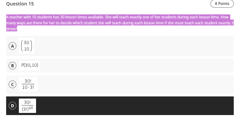 Solved A teacher with 10 students has 30 lesson times | Chegg.com