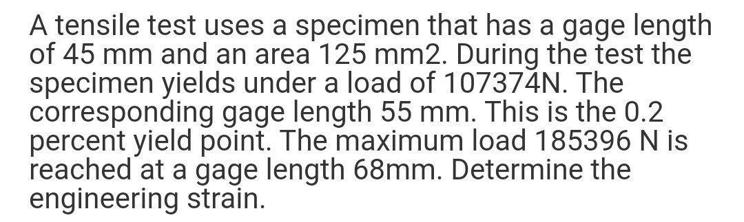 Solved A tensile test uses a specimen that has a gage length | Chegg.com