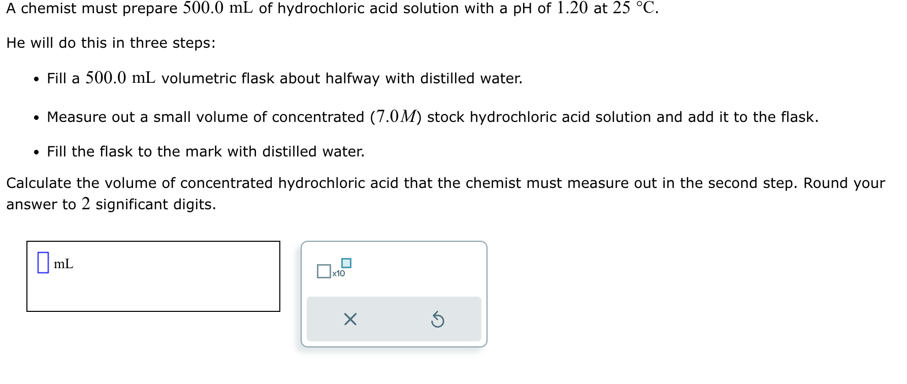 Solved A chemist must prepare 500.0mL ﻿of hydrochloric acid | Chegg.com