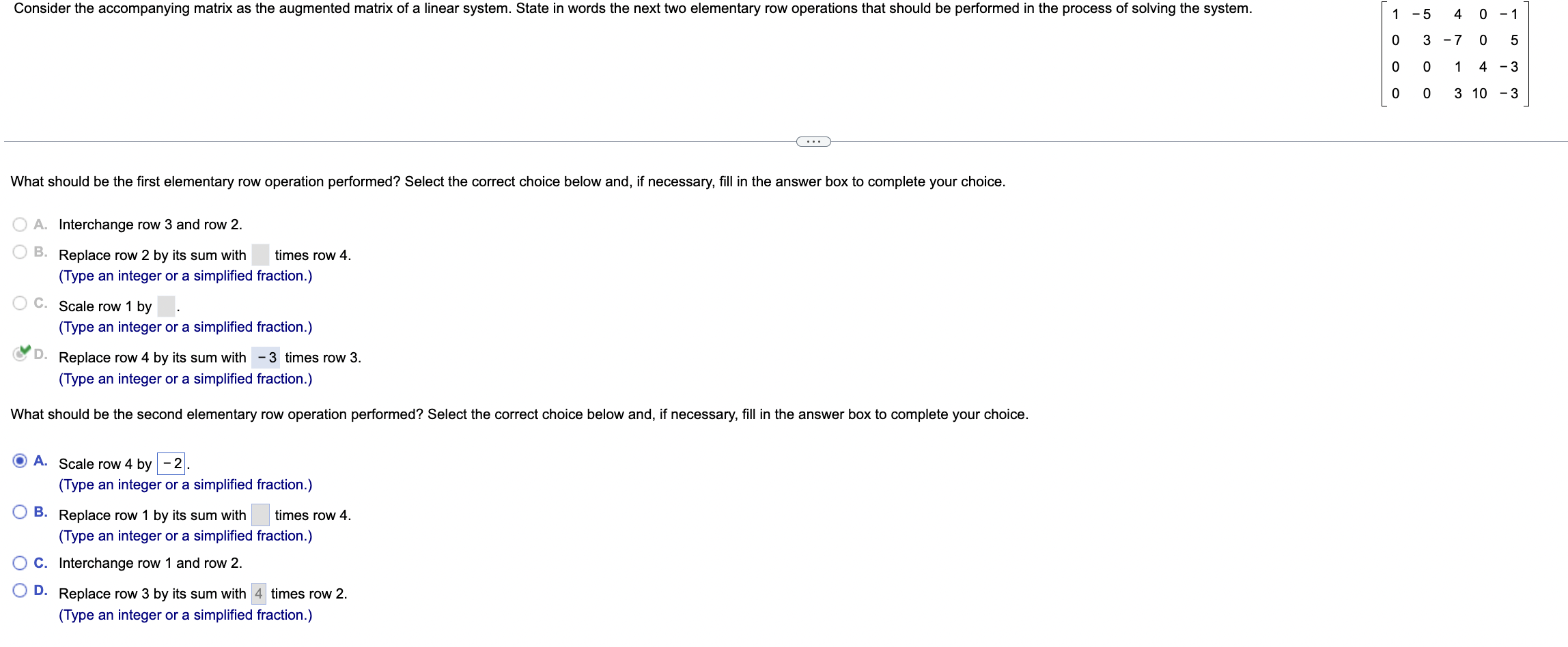 Solved Scale row 4 by -2 and replace row 3 by its sum with 4 | Chegg.com