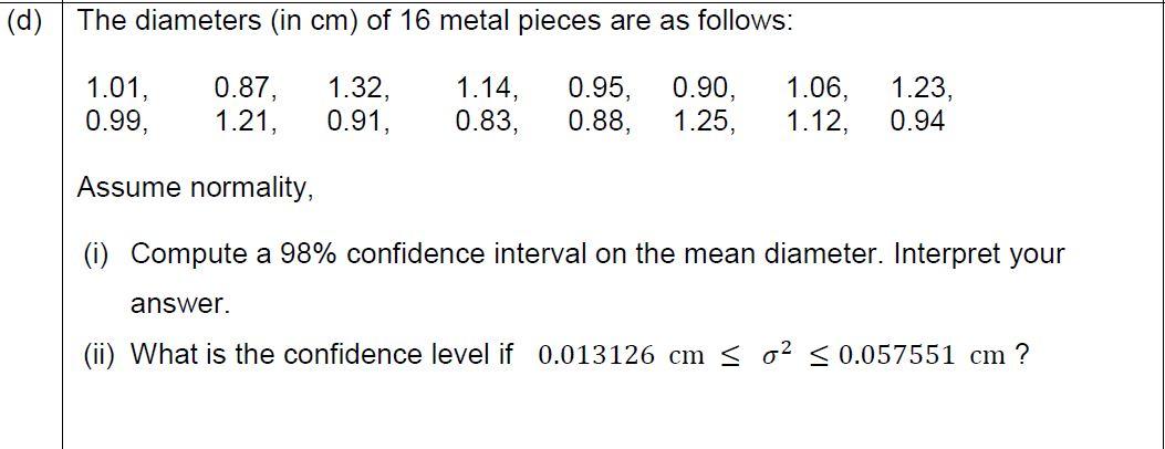 Solved (d) The diameters (in cm) of 16 metal pieces are as | Chegg.com