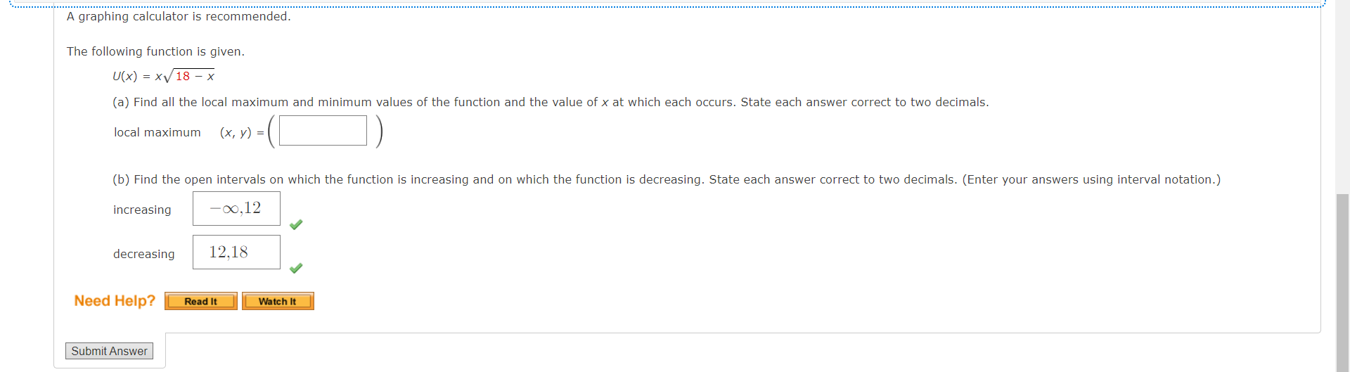 Solved The following function is given. U(x)=x18−x (a) Find | Chegg.com