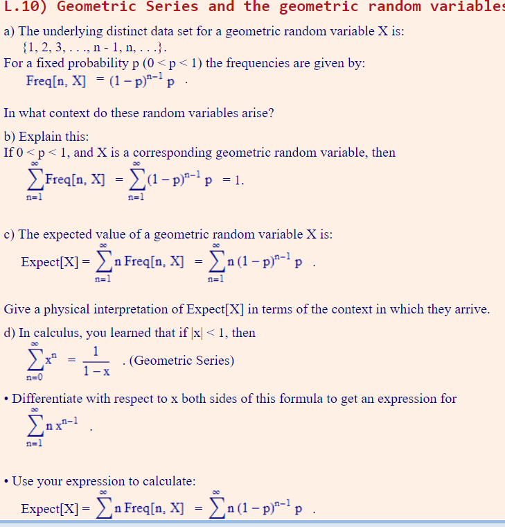 Solved L.10) Geometric Series and the geometric random | Chegg.com
