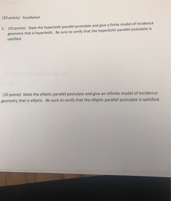 Solved State the hyperbolic parallel postulate and give a | Chegg.com