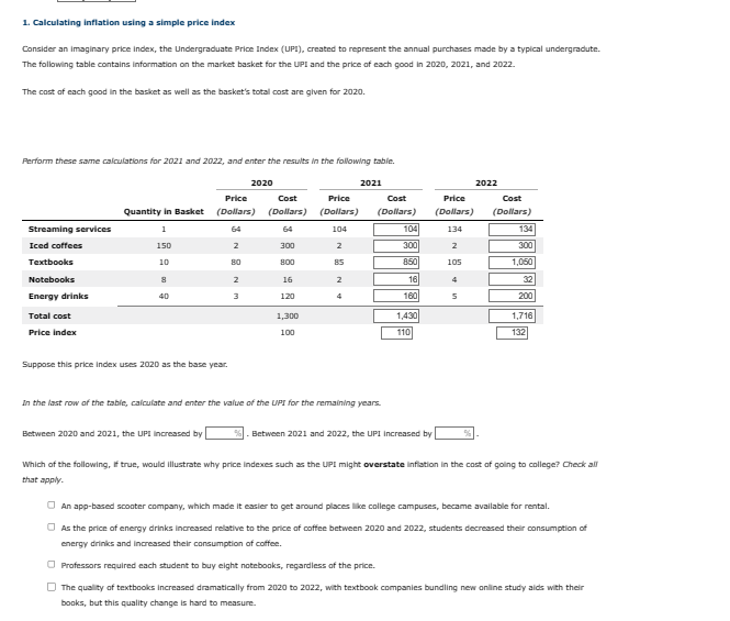 Solved 1. Calculating inflation using a simple price index | Chegg.com