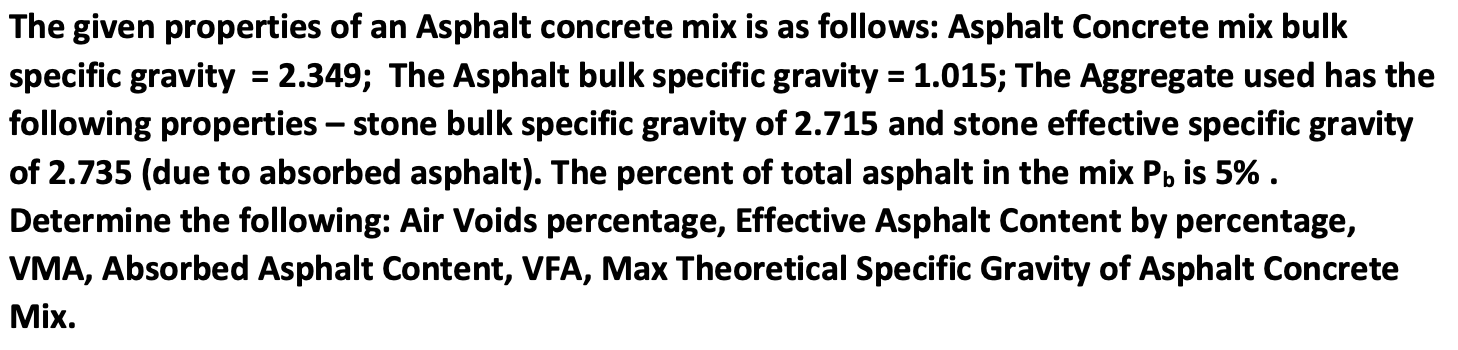 The given properties of an Asphalt concrete mix is as | Chegg.com