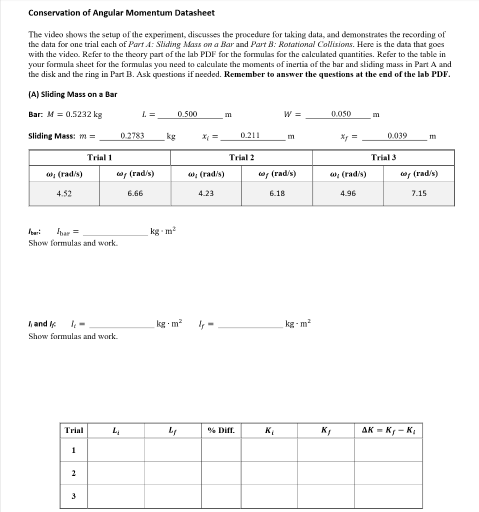 Solved Conservation of Angular Momentum Datasheet The video | Chegg.com