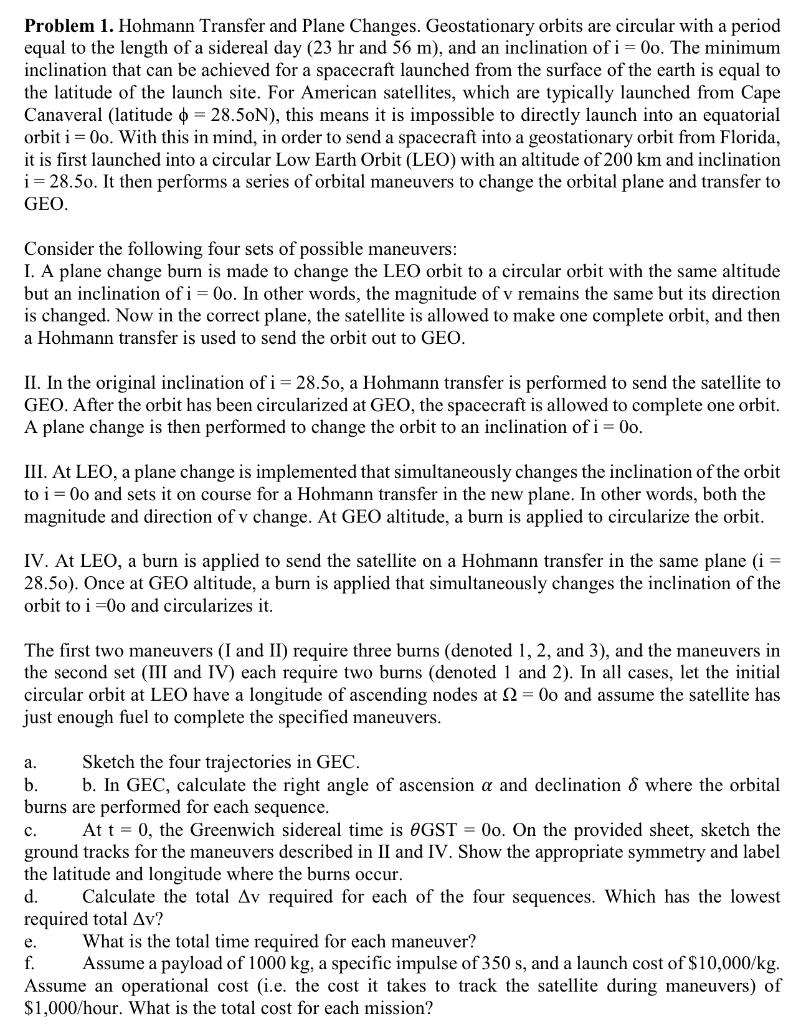 Problem 1. Hohmann Transfer and Plane Changes. | Chegg.com