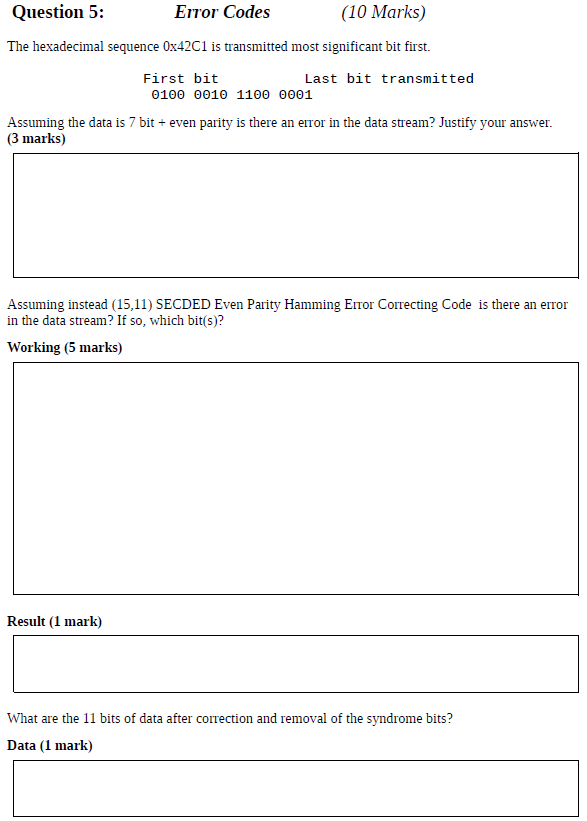 Question 5: Error Codes (10 Marks) The hexadecimal | Chegg.com