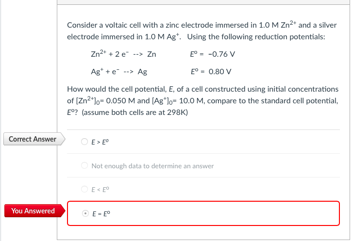 Solved Consider a voltaic cell with a zinc electrode | Chegg.com