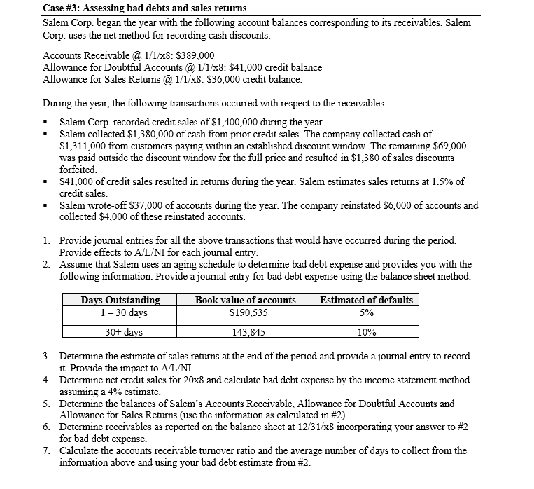 Solved Case \#3: Assessing bad debts and sales returns Salem | Chegg.com