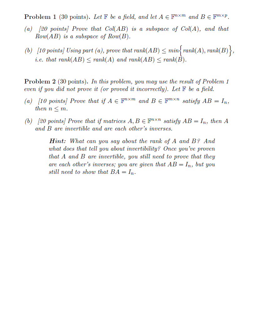 Solved Problem 1 (30 points). Let F be a field, and let | Chegg.com Solved Problem 1 (30 points). Let F be a field, and let | Chegg.com