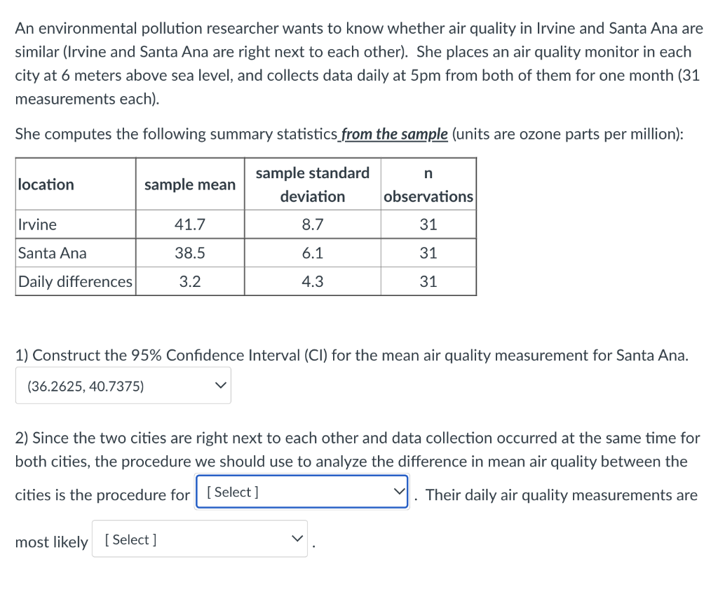 Solved An environmental pollution researcher wants to know | Chegg.com