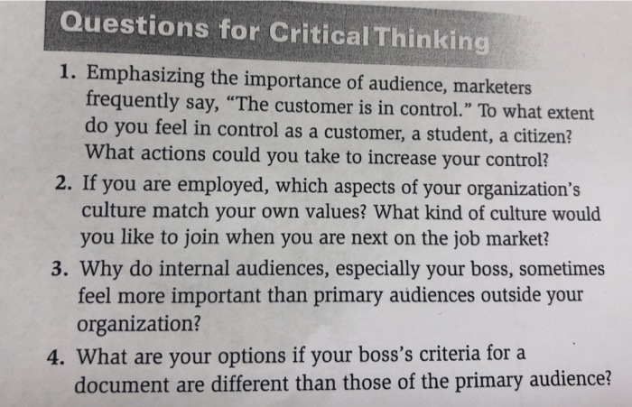 Questions for Critical Thinking 1. Emphasizing the | Chegg.com