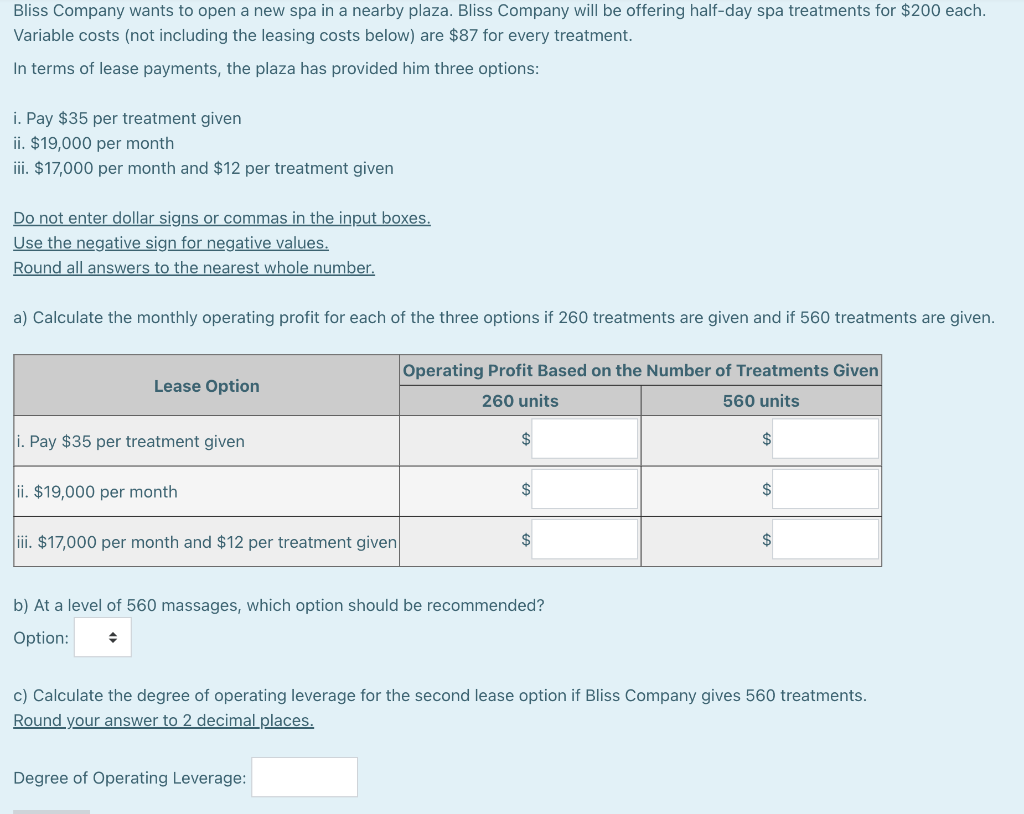 Solved Bliss Company wants to open a new spa in a nearby | Chegg.com