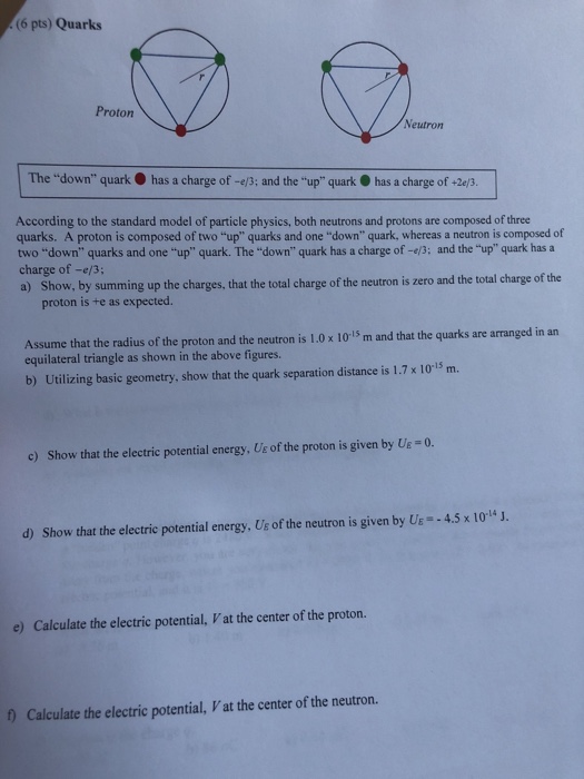 Solved (6 pts) Quarks Proton Neutron The "down" quark has a | Chegg.com