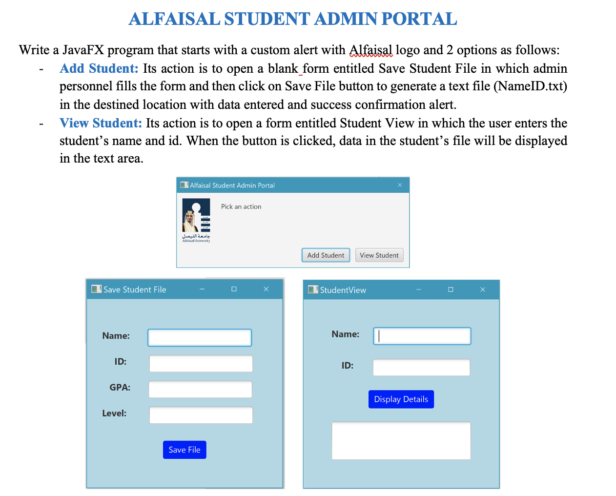 Solved ALFAISAL STUDENT ADMIN PORTAL Write a JavaFX program | Chegg.com