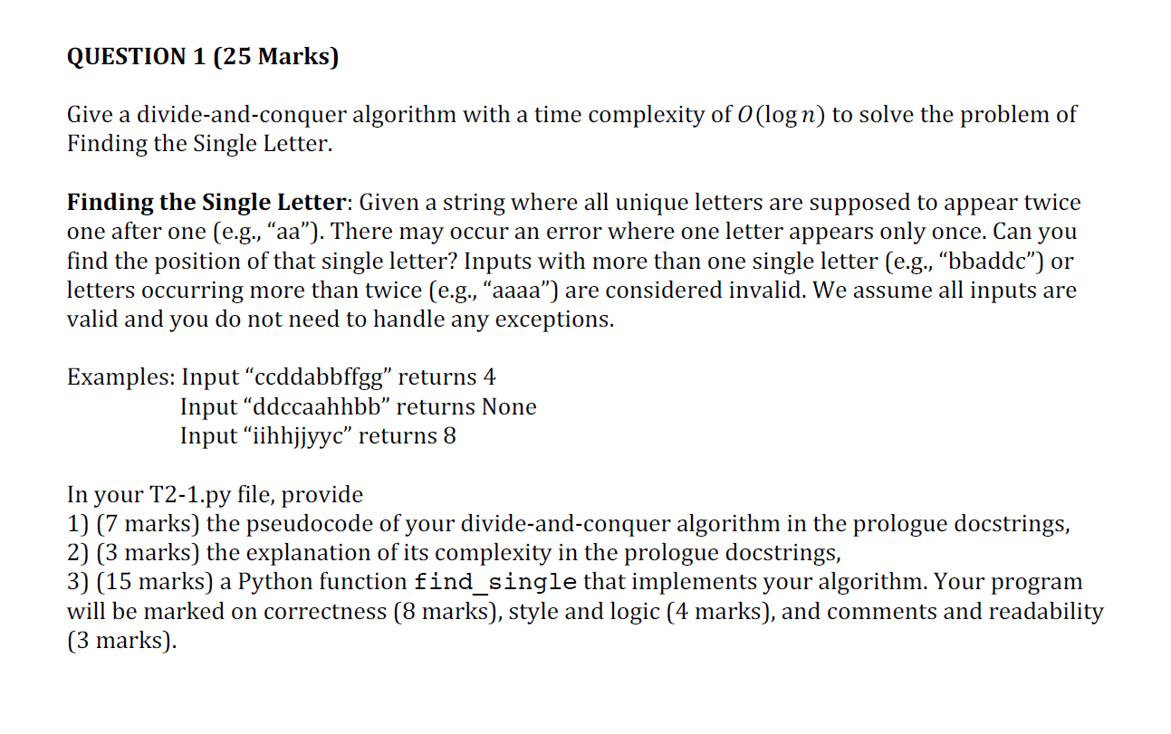 Solved QUESTION 1 (25 Marks) Give a divide-and-conquer | Chegg.com