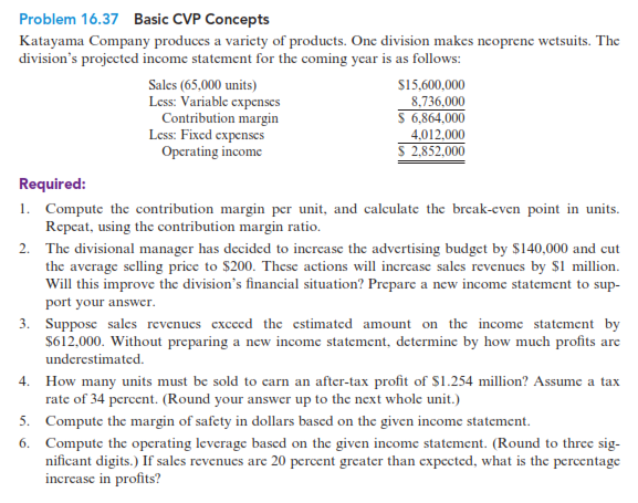 Solved Problem 16.37 Basic CVP Concepts Katayama Company | Chegg.com