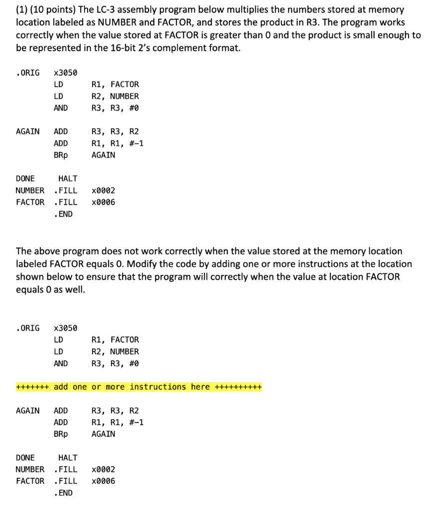 Solved (1) (10 points) The LC-3 assembly program below | Chegg.com