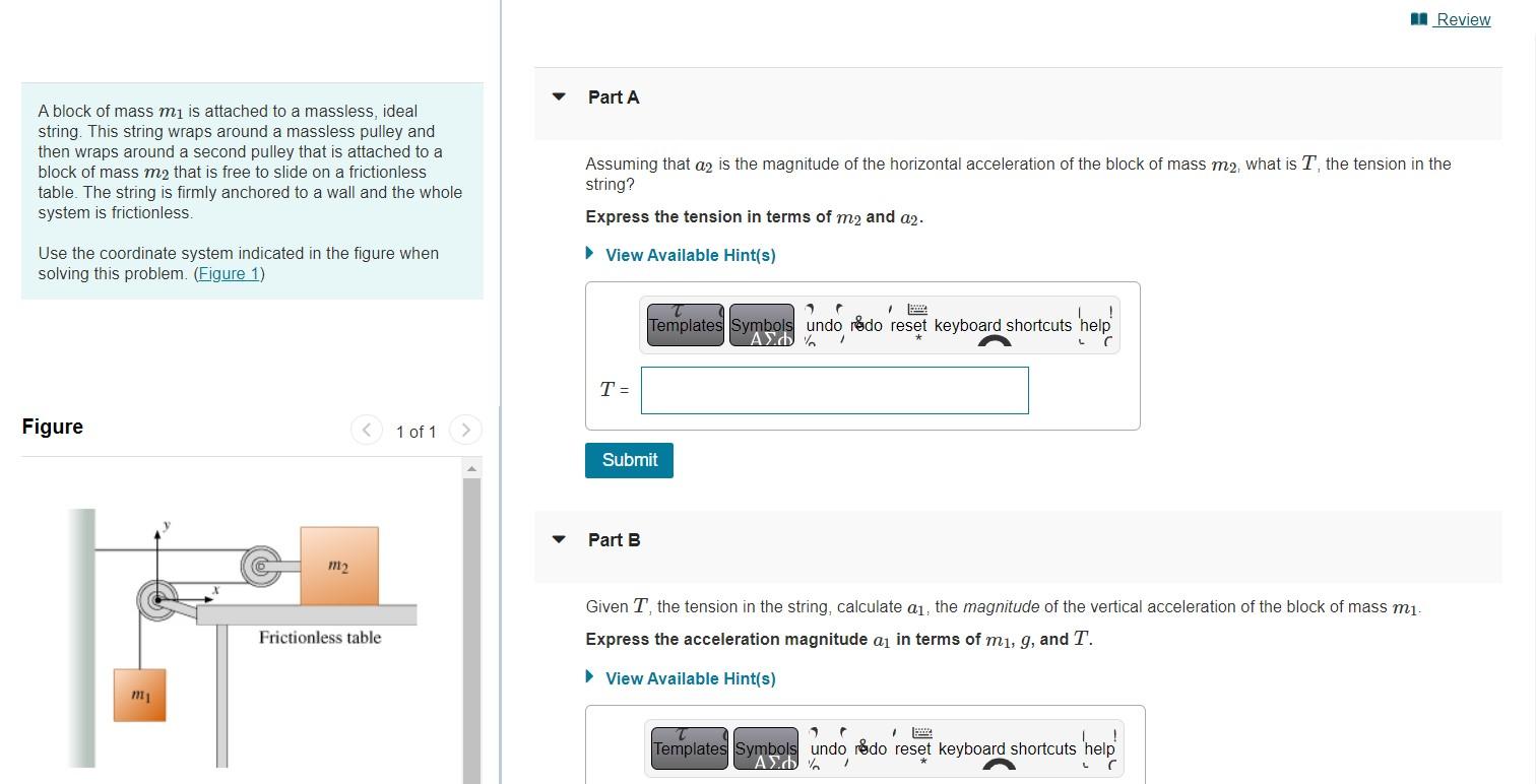 Solved A block of mass m1 is attached to a massless, ideal | Chegg.com