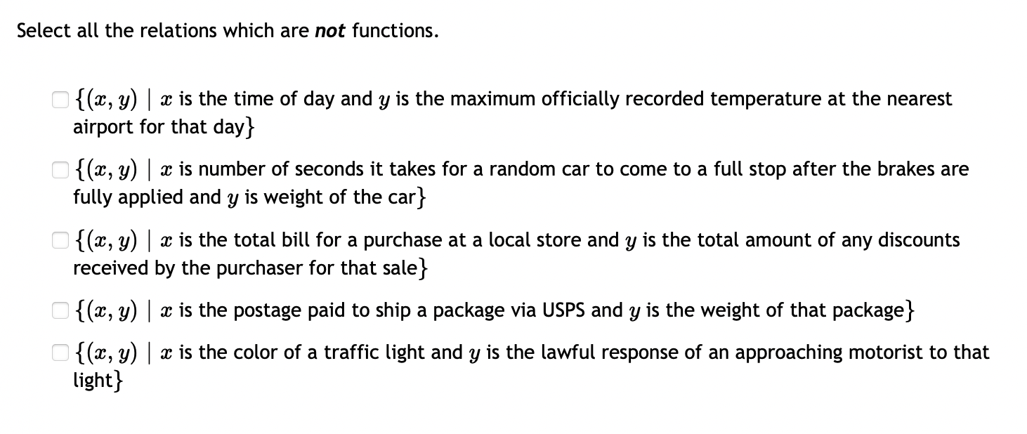 Solved Select all the relations which are not functions. | Chegg.com