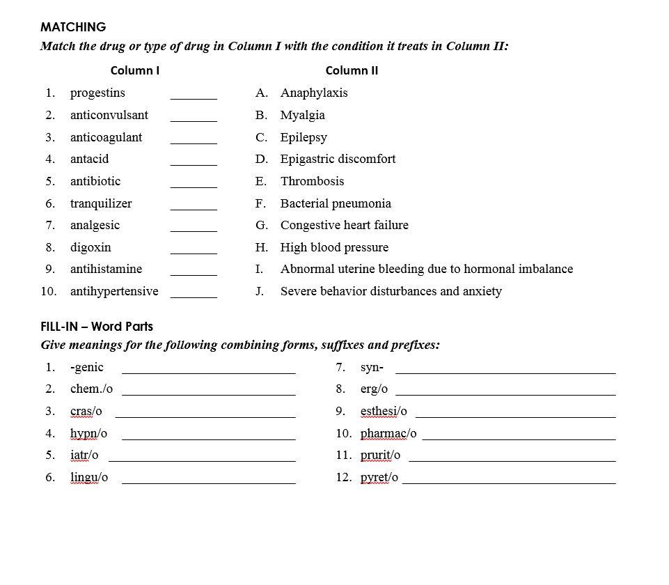 Solved MATCHING Match the drug or type of drug in Column I | Chegg.com