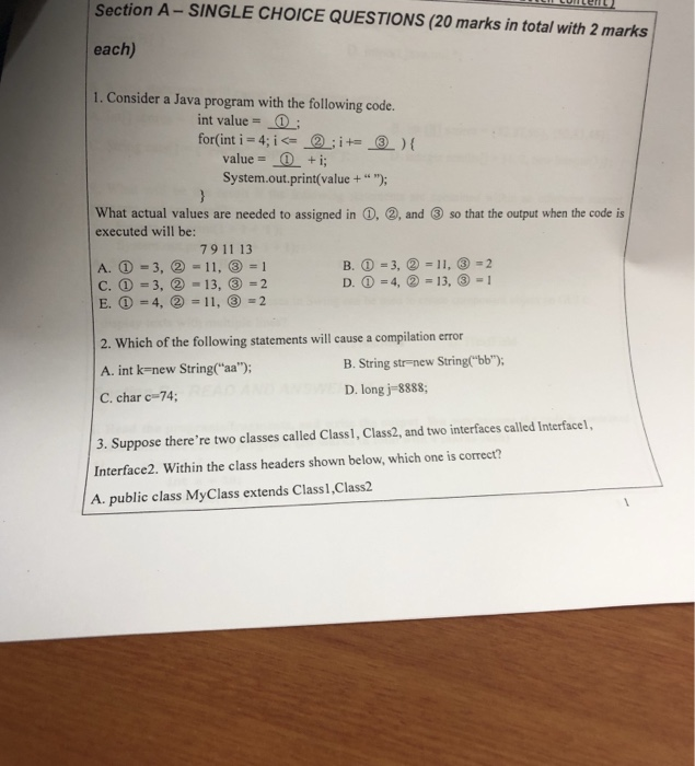 Solved Section A-SINGLE CHOICE QUESTIONS (20 marks in total | Chegg.com