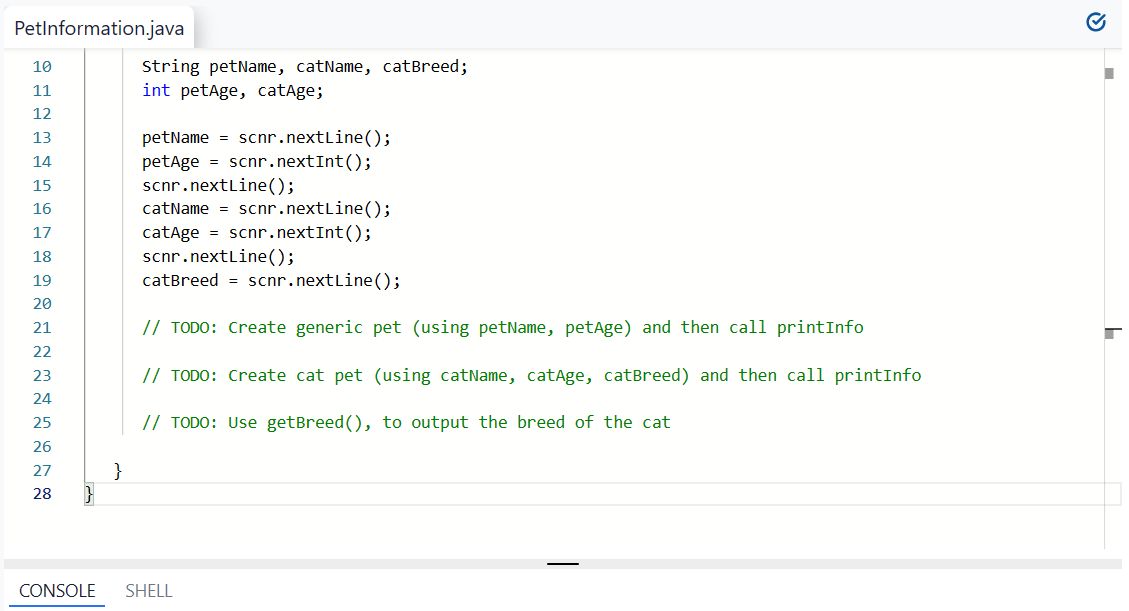 Solved The base class Pet has protected fields petName, and | Chegg.com