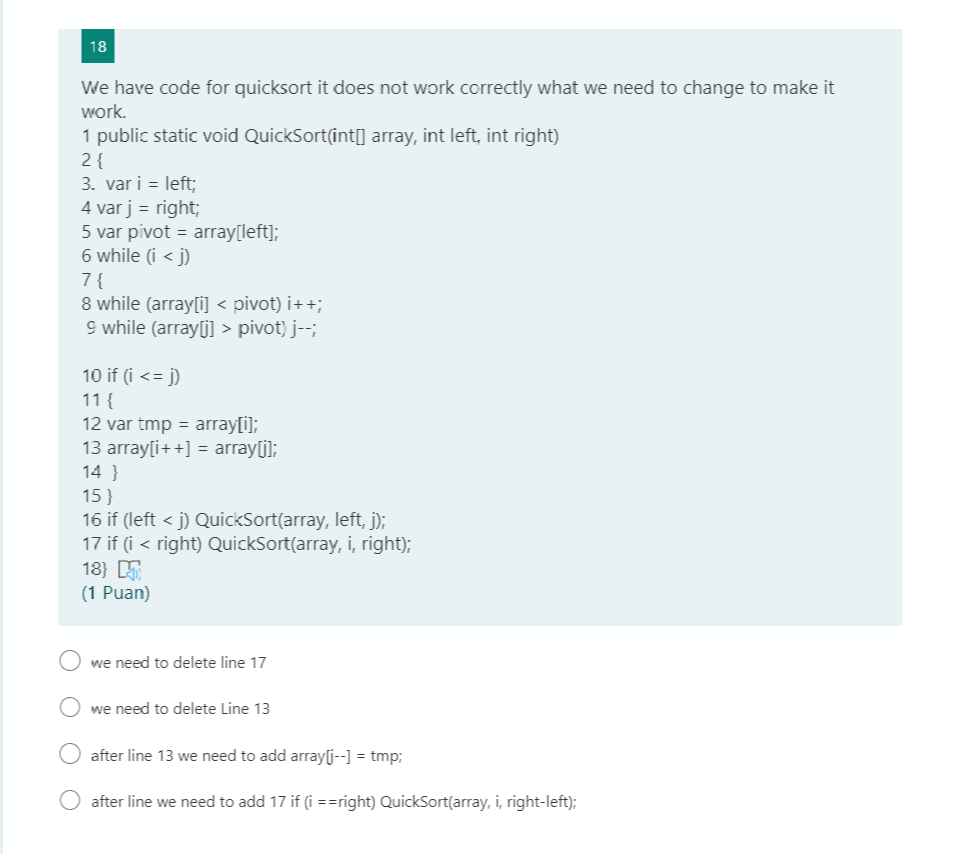 Solved 18 We have code for quicksort it does not work | Chegg.com