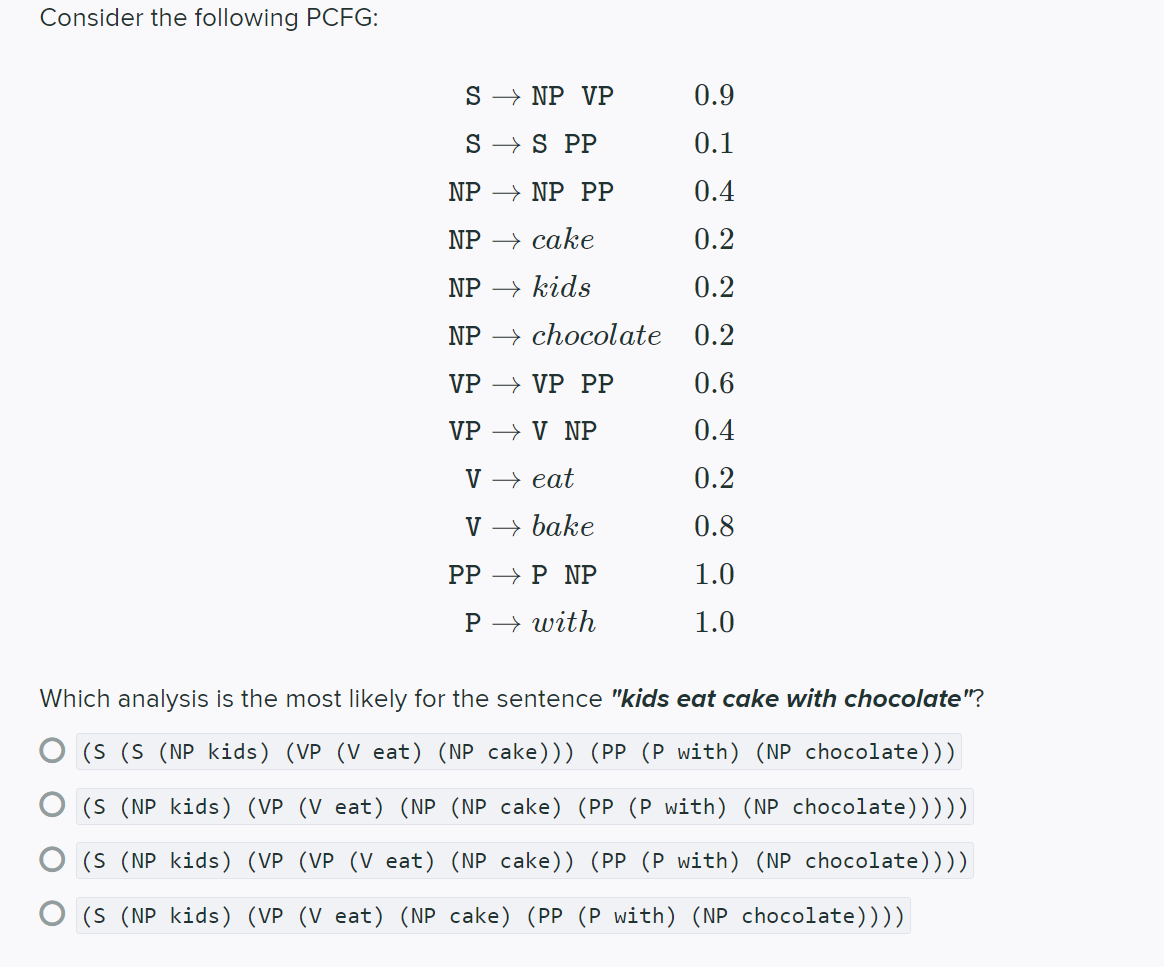 Solved Consider The Following Pcfg Which Analysis Is The
