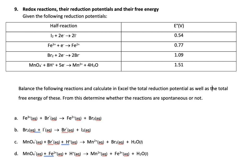 Solved 9. Redox reactions, their reduction potentials and | Chegg.com