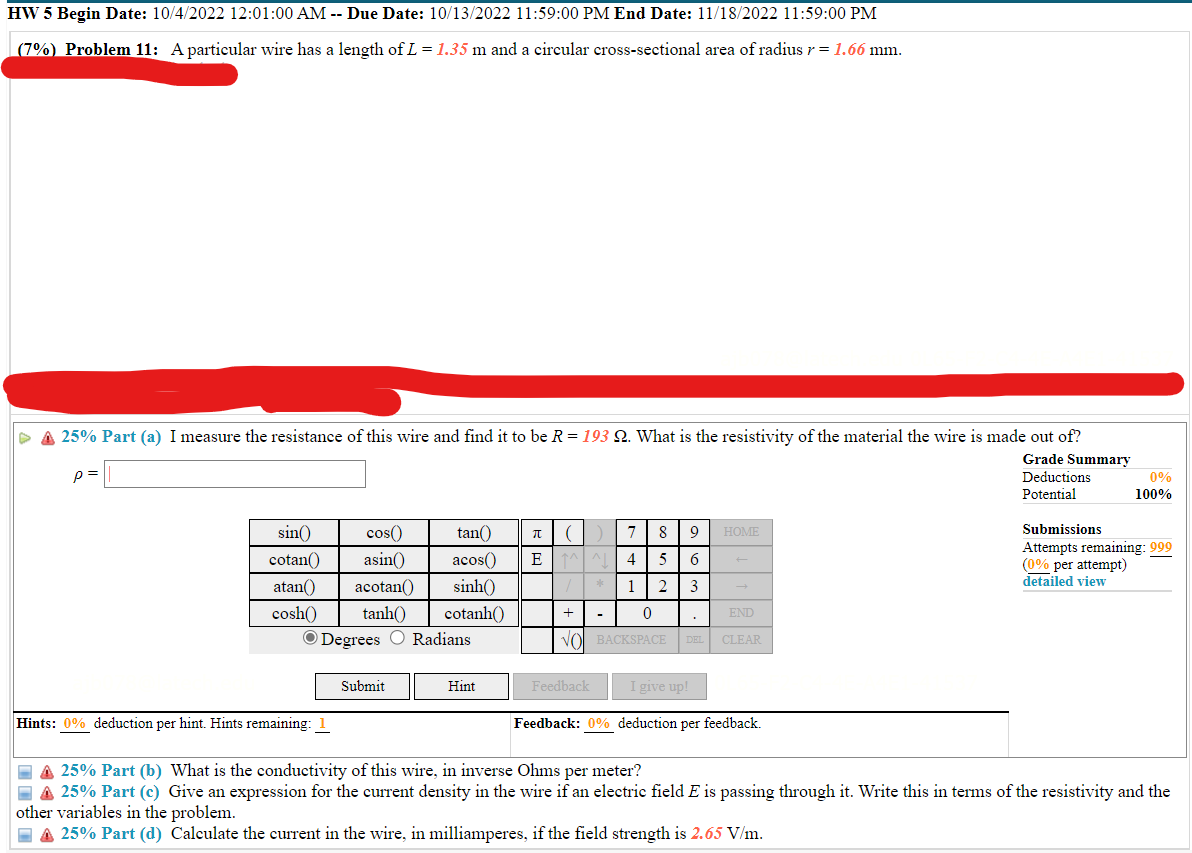 Solved (7\%) Problem 11: A particular wire has a length of | Chegg.com