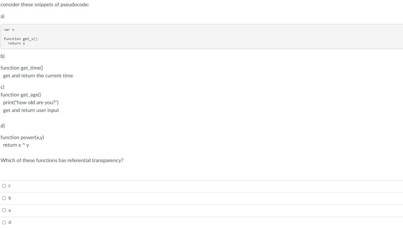 Solved consider these snippets of pseudocode: a) var x | Chegg.com