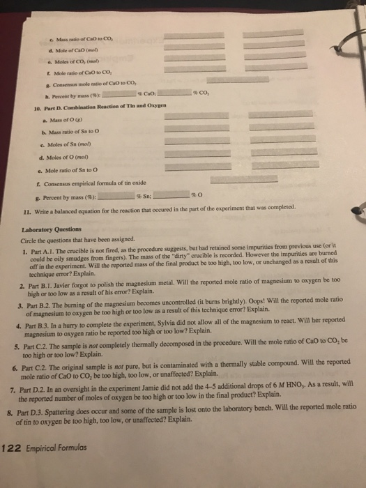 Experiment 7 Report Sheet Empirical Formulas Date | Chegg.com